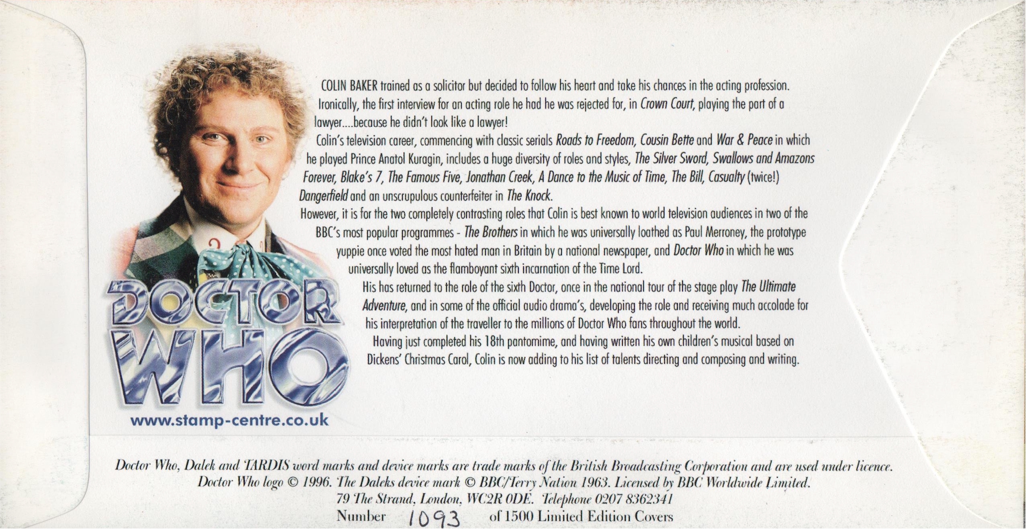 The Sixth Doctor Who Classic Special Stamp Cover Signed Colin Baker ...